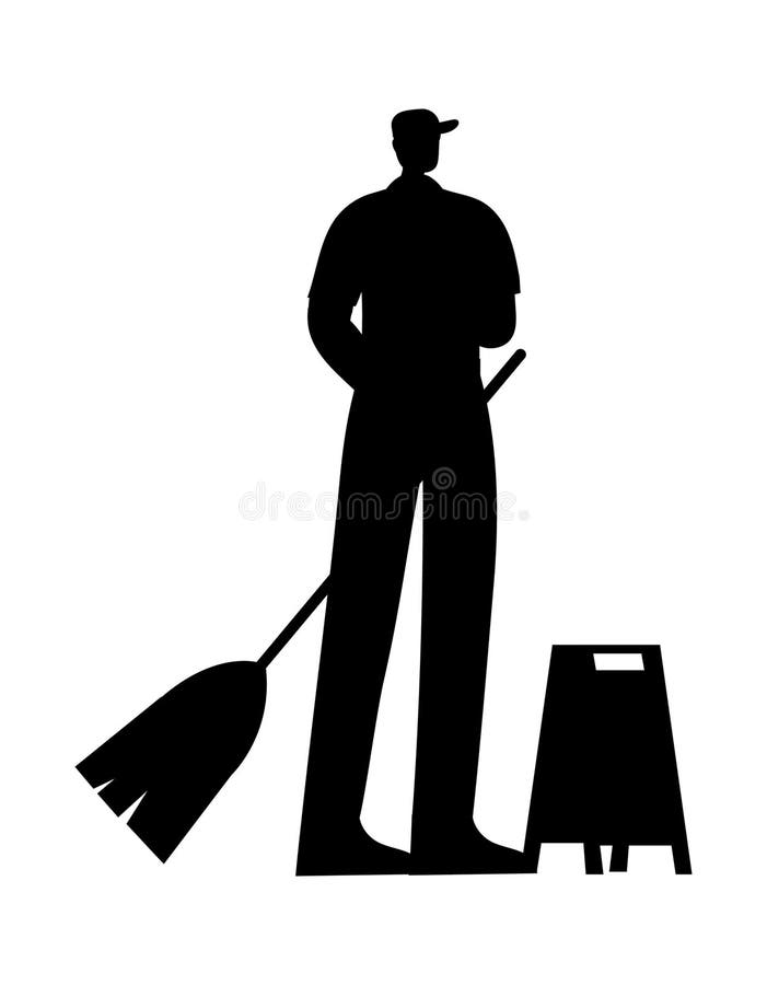 Black Silhouette of a Janitor with a Broom, a Male Cleaner Character ...
