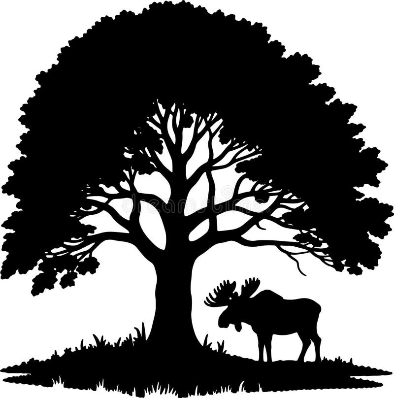 Black Silhouette of a Large Tree with a Moose Resting Underneath Its ...