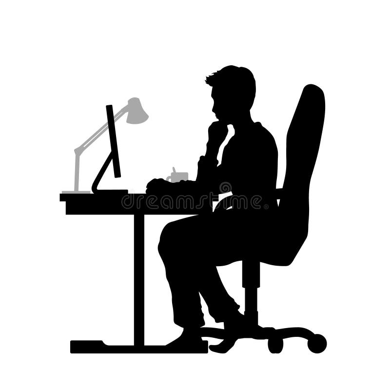 Black Silhouette. Man Working at Computer. Isolated Freelancer with PC ...