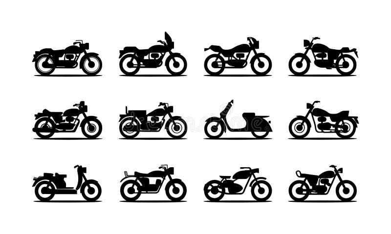 Diverse Black Silhouettes of Motorcycles & Scooters in Various Styles ...