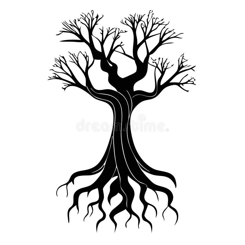 Black Silhouette of an Old Autumn Tree with Roots and Branches, a ...