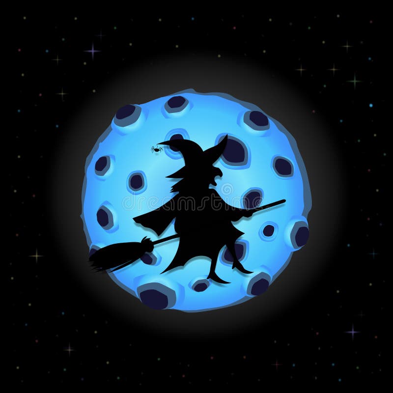 Halloween Witch Silhouette Flying Broomstick Full Moon Stock