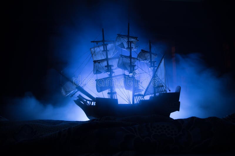 Black Silhouette of the Pirate Ship in Night Stock Image - Image of ...