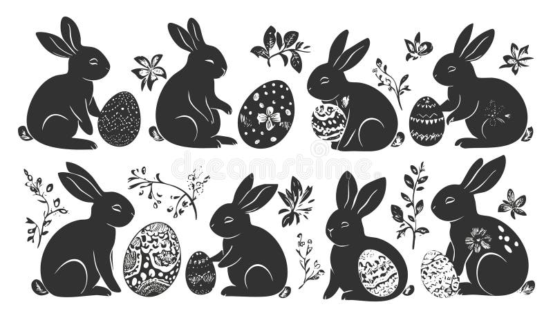 Black Silhouette Rabbits with Decorated Easter Eggs and Floral Designs ...