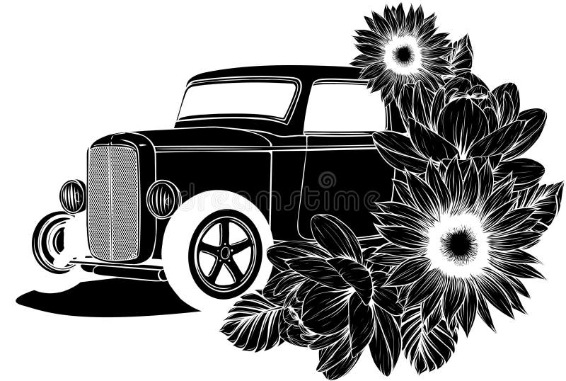 Black Silhouette of Retro Hot Rod with Flower Stock Vector ...