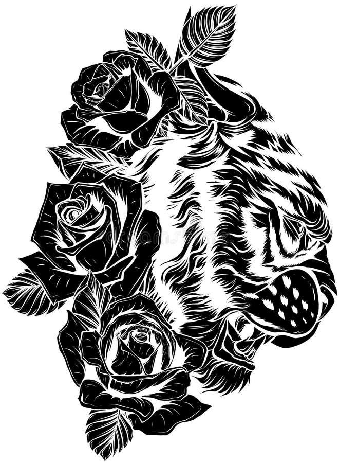 Black Silhouette of Roaring Tiger Head and Roses Stock Vector ...