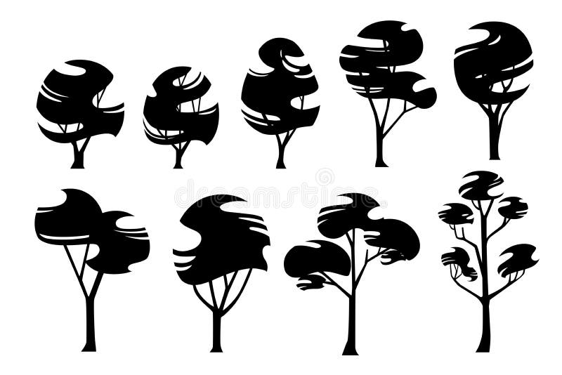 Black Silhouette Set of Abstract Modern Stylized Trees Flat Vector ...
