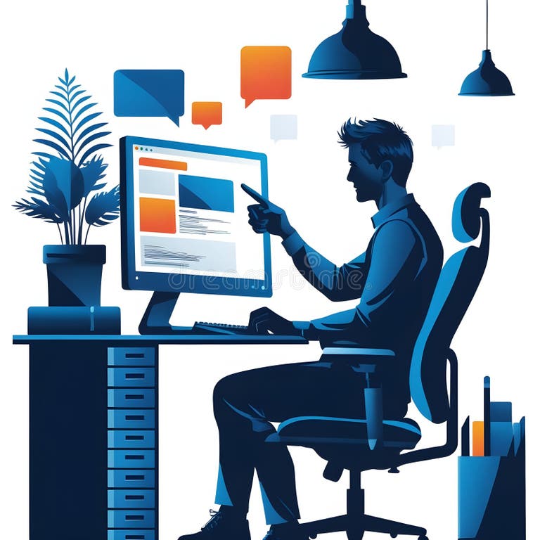Silhouette of Software Developer in Ergonomic Chair Pointing at Screen ...