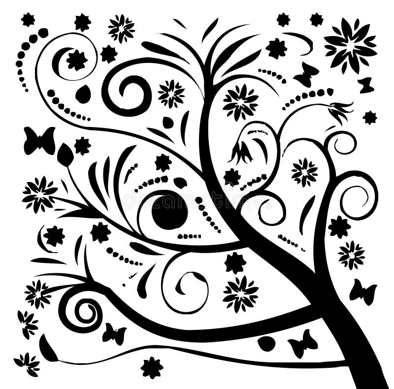Black and White Tree with Birds and Butterflies Stock Vector ...