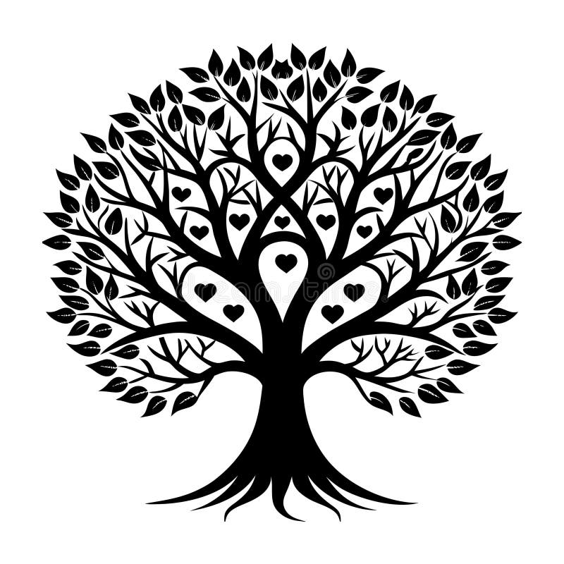 Elegant Tree of Life with Hearts, Black Silhouette Vector Illustration ...
