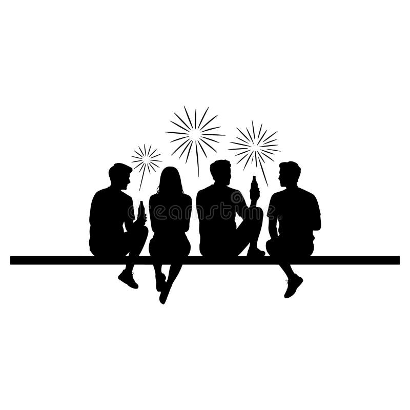 Silhouettes Friends Fireworks Celebration Bottles Stock Illustrations ...