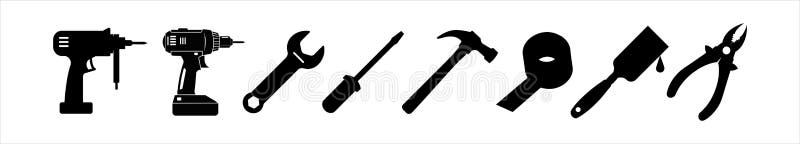 Black Silhouettes of Various Tools Isolated on a White Background ...