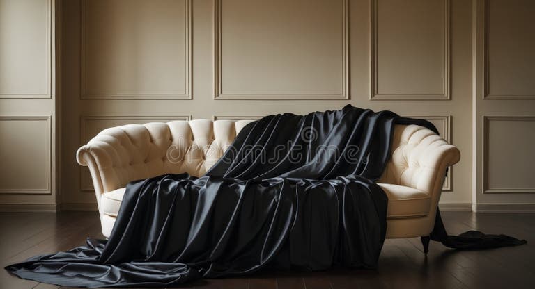 Black Silk Draped Over Elegant Sofa in Classic Room. Stock Image ...