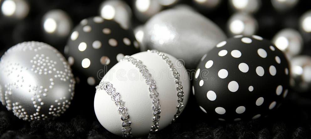 Black and Silver Easter Eggs on Black Background with Polka Dot ...