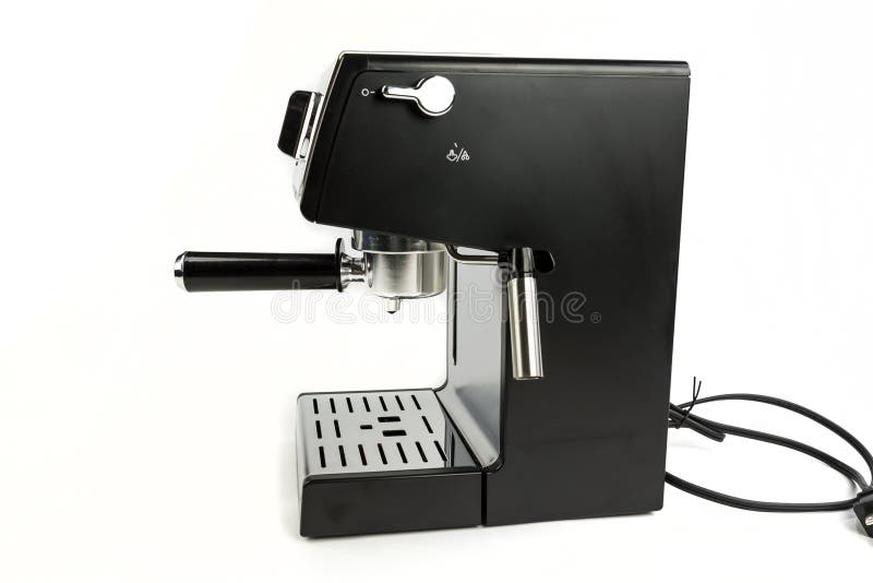 Black and Silver Espresso Machine with Cord Coiled Behind it Side View ...