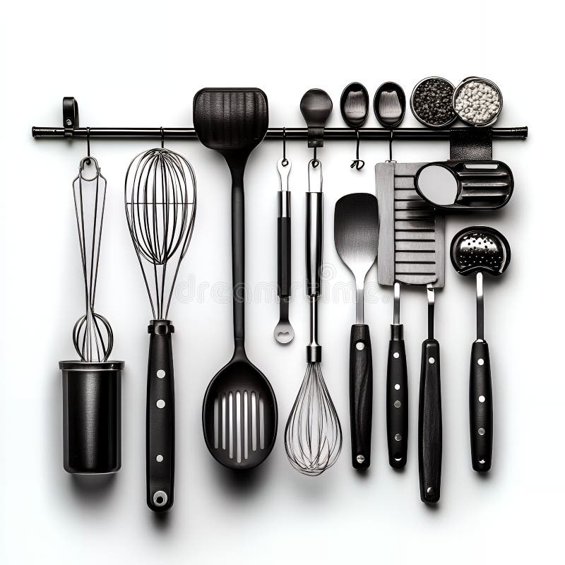 Black and Silver Kitchen Utensils Hanging on a Rack Stock Illustration ...