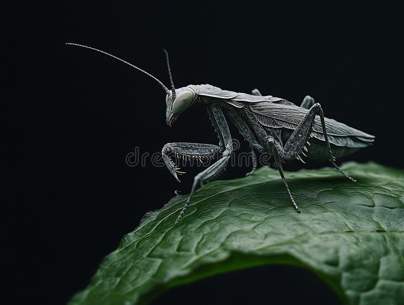 Black and Silver Mantis Posing on a Green Leaf Stock Illustration ...