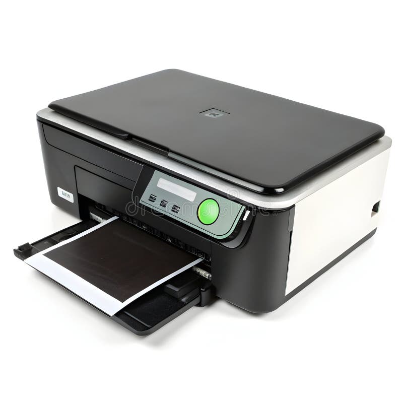 Black and Silver Printer with Green Button Isolated on White Background ...