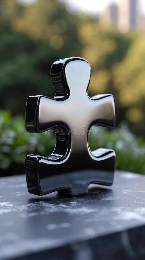A Black and Silver Puzzle Piece Sitting on Top of a Table Stock Image ...
