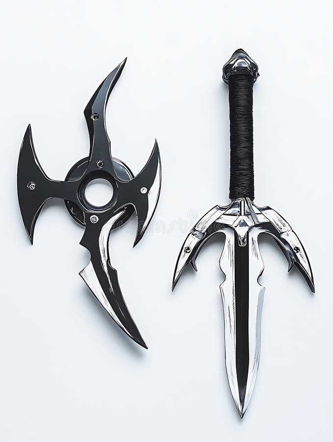Black and Silver Throwing Star and Dagger Isolated on White Background ...