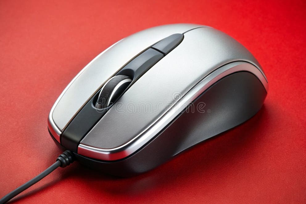 "Black and Silver Wired Optical Computer Mouse on Red Background Stock ...