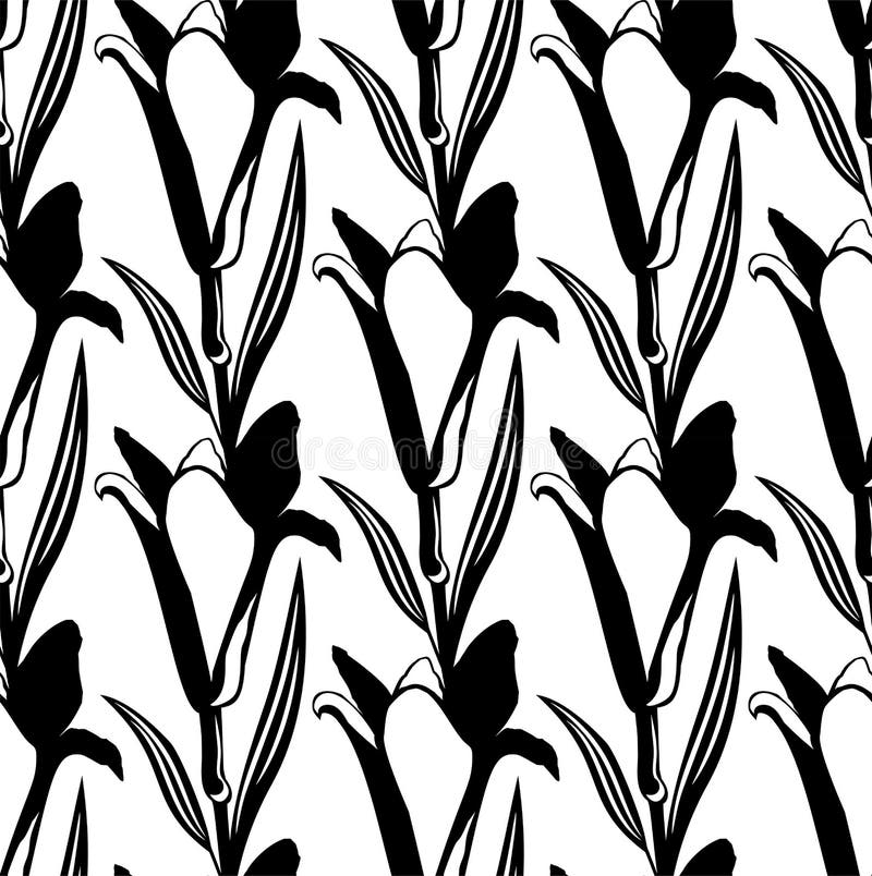 Black Simple Lily Pattern. Seamless Black White Flower Pattern Stock ...