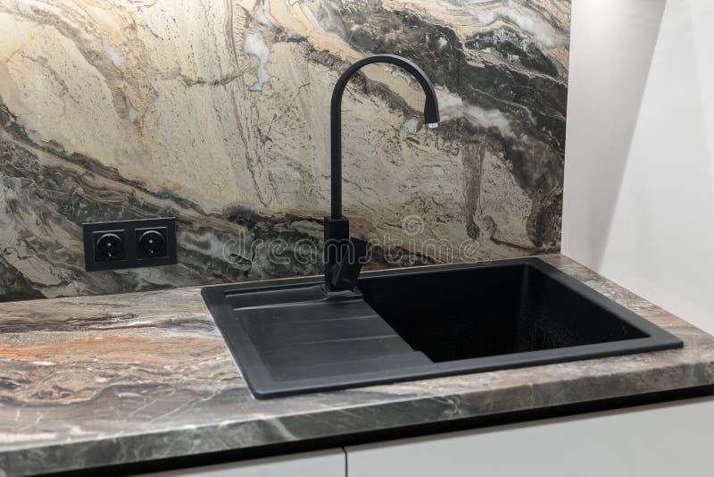 Black Sink in the Kitchen in a Modern Interior Stock Photo - Image of ...