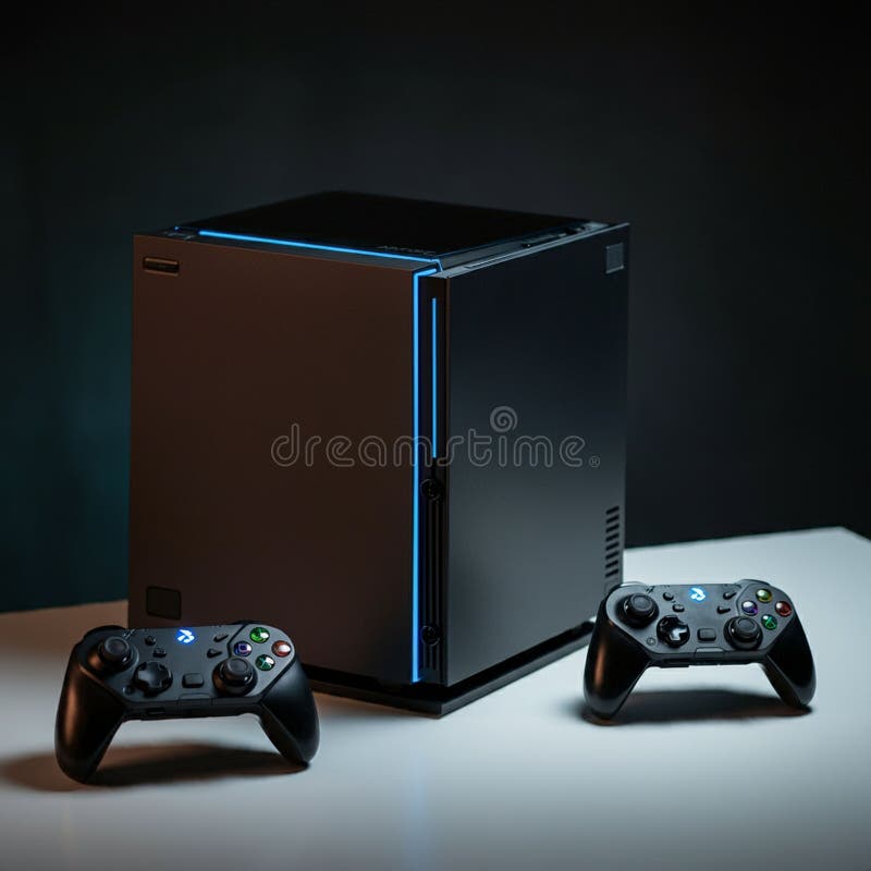 A Black, Sleek Gaming Console with a Blue LED Light Strip Along Its ...