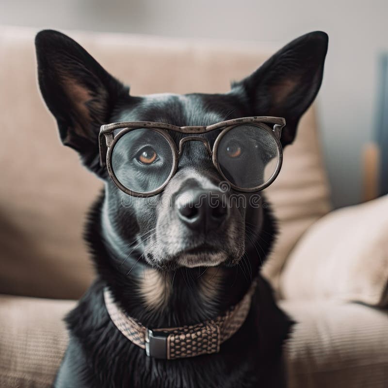 Black Smart Dog in Eyeglasses. Generative AI. Stock Illustration ...