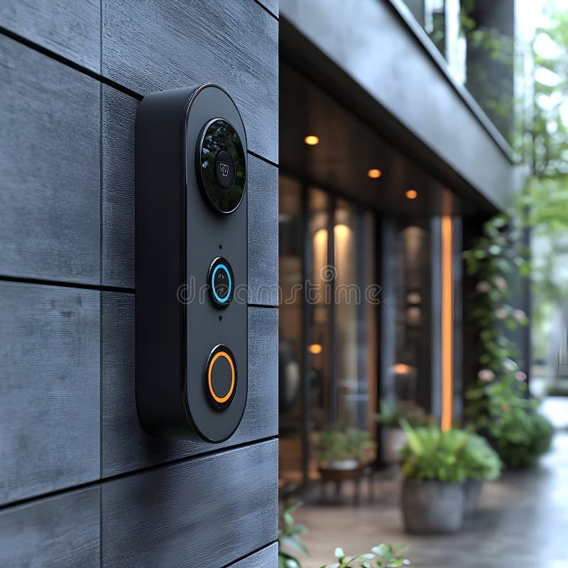 Black Smart Doorbell on Grey Wall - 3D Illustration Stock Illustration ...