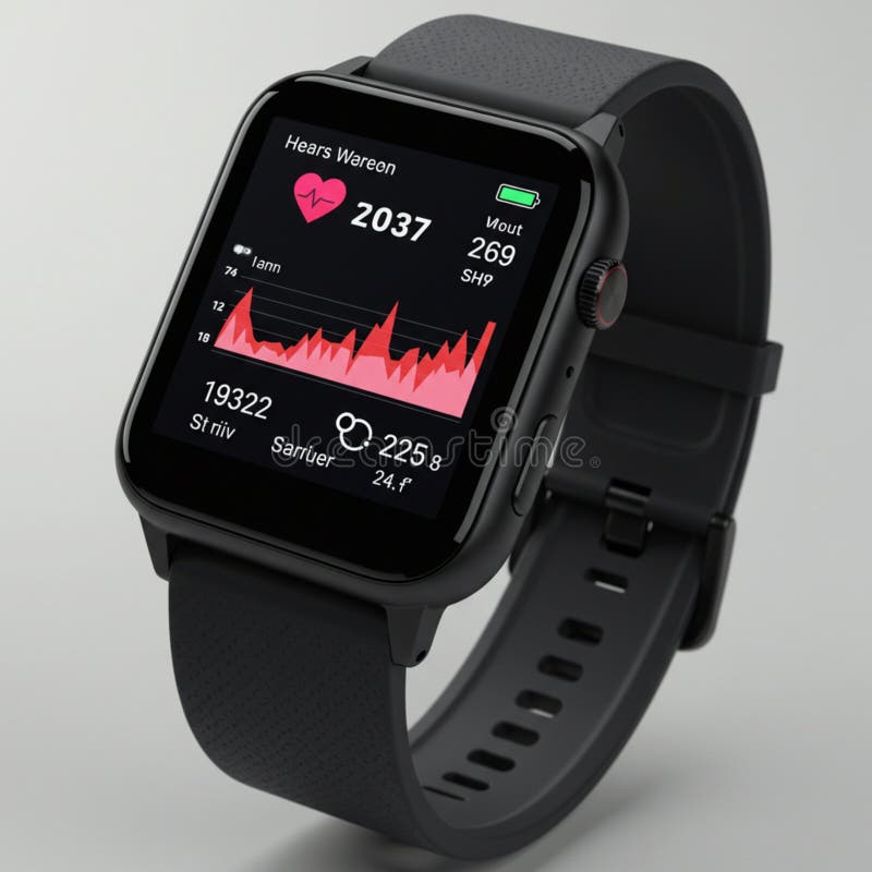 Black Smart Watch with a Rectangular Face Displaying Health Metrics ...