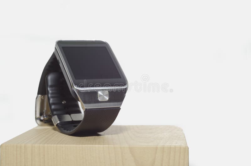 Black Smart Watch on Wooden Box Stock Image - Image of white ...