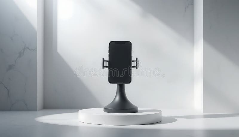 Black Smartphone on Adjustable Stand Displayed on Round Podium in ...