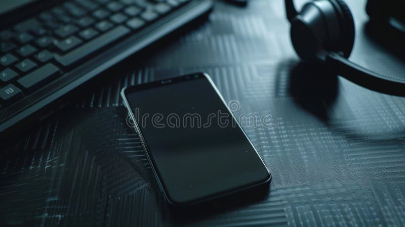Black Smartphone with Bluetooth Headphone on Black Table Stock ...