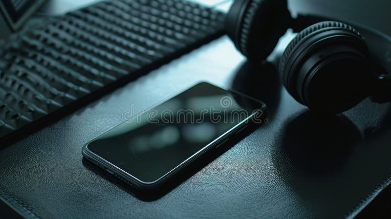 Black Smartphone with Bluetooth Headphone on Black Table Stock ...