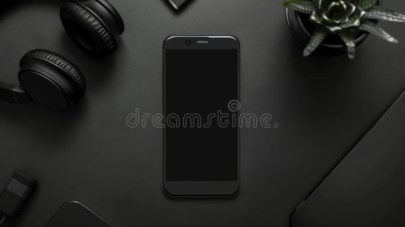 Black Smartphone with Bluetooth Headphone on Black Table Stock ...