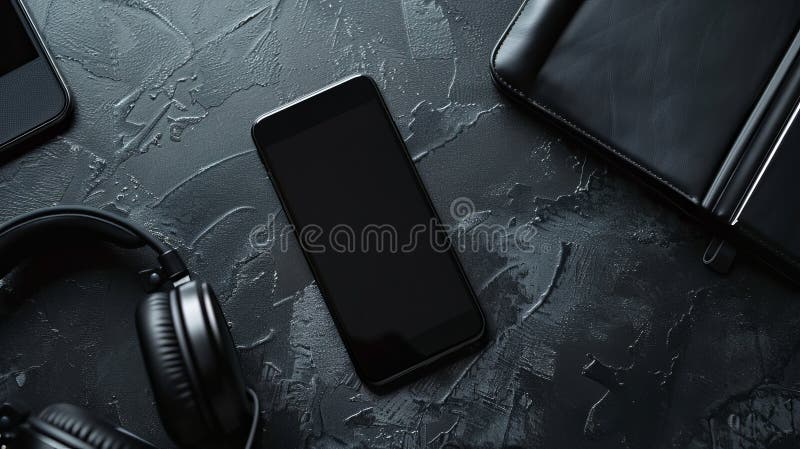 Black Smartphone with Bluetooth Headphone on Black Table Stock ...