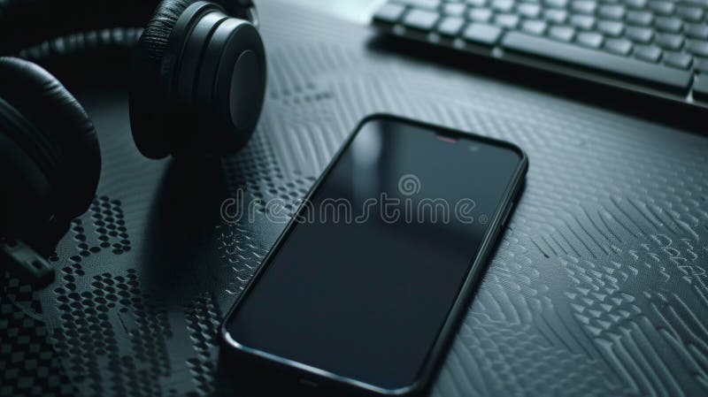 Black Smartphone with Bluetooth Headphone on Black Table Stock ...