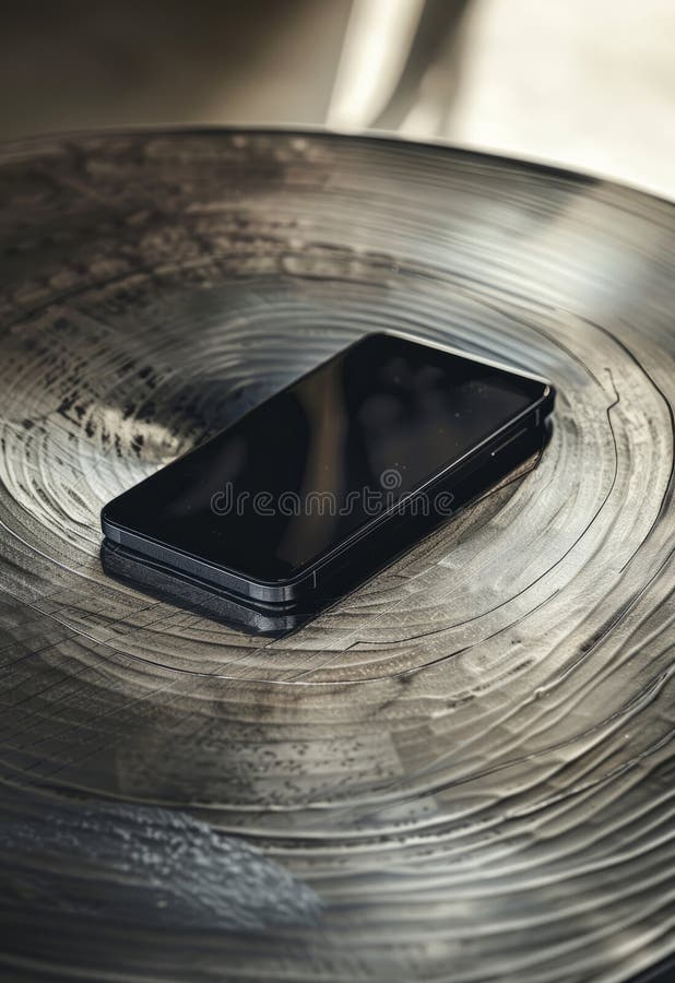 A Black Smartphone Placed in the Center of a Metallic Silver Table ...