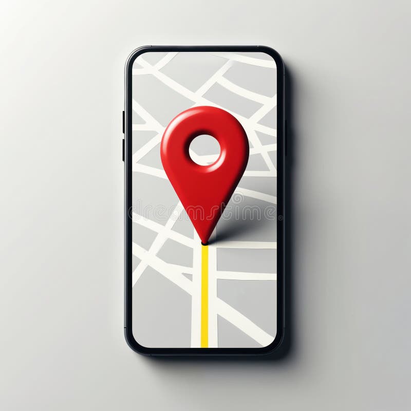 Black Smartphone with Red Map Application Icon. Red Circle with White ...