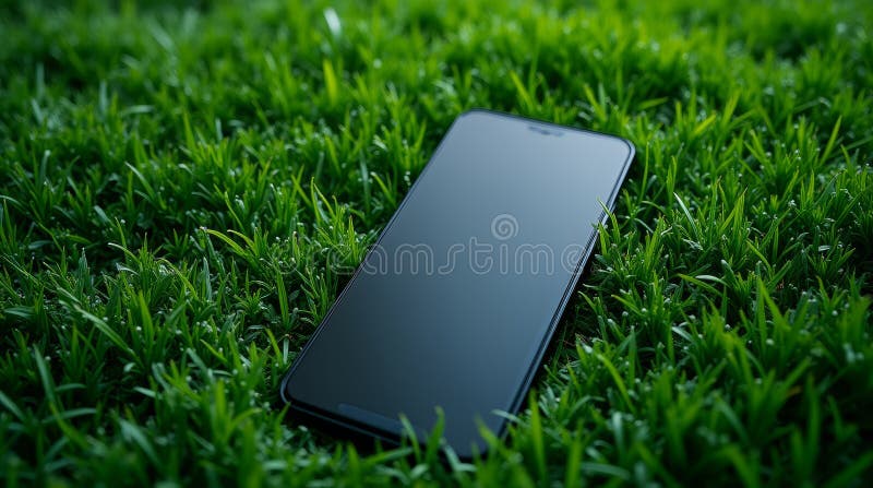 Black Smartphone with Reflective Screen Lying on Green Grass. Modern ...