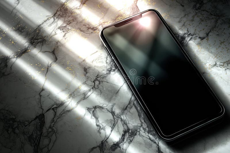 Black Smartphone Resting Marble Surface Glowing Screen Reflections ...
