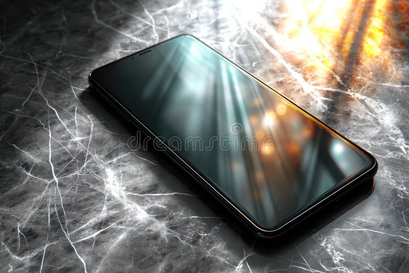 Black Smartphone Rests on Marble Surface, Displaying Glowing ...