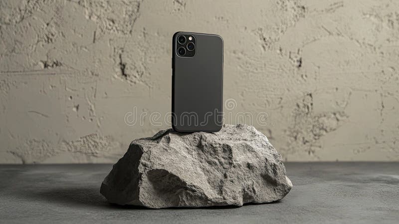 Black Smartphone Displayed on a Rock with Textured Wall Background ...