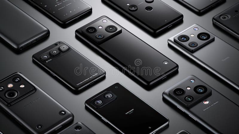 Black Smartphones with Various Camera Configurations are Arranged on a ...