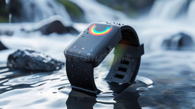 Black Smartwatch with Rainbow Interface in Water Near Waterfall Stock ...