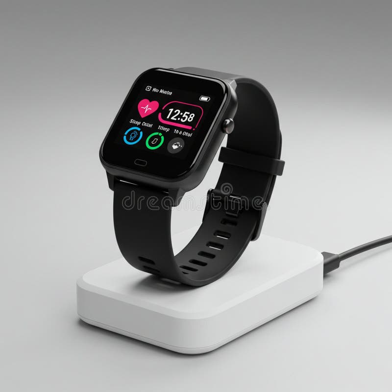 A Black Smartwatch with a Rectangular Face is Displayed on a White ...