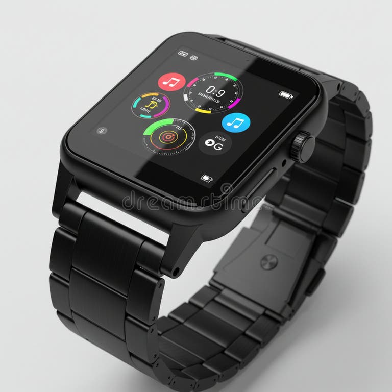 Black Smartwatch with a Rectangular Face Showcasing a Digital Display ...