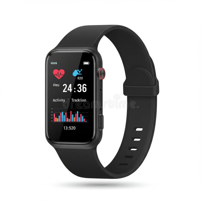 A Black Smartwatch with a Rectangular Touchscreen Display Shows Health ...
