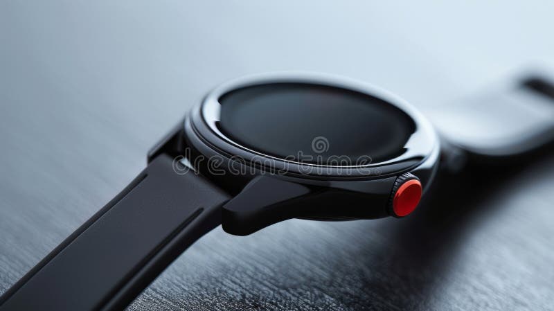 Black Smartwatch with a Red Button on a Dark Surface. Stock Photo ...